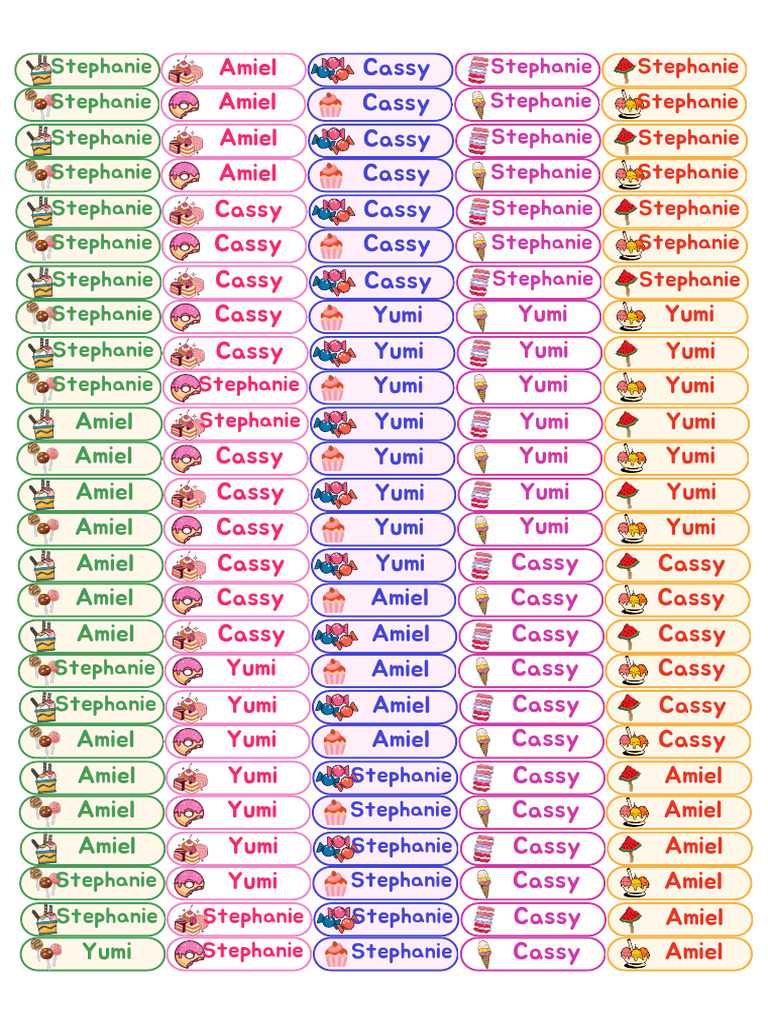 Colorful Cute Sweets Kids School Name Label Document A4 | PDF