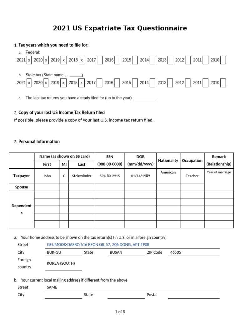 2021 Expat Tax Questionnaire | PDF | Internal Revenue Service | Taxes