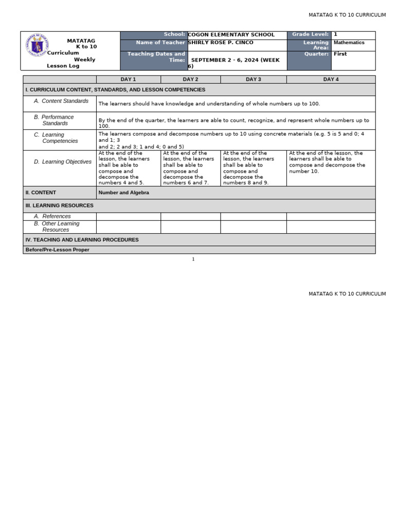 DLL Matatag - Mathematics 1 - q1 - w6 - For Merge | PDF | Curriculum | Learning