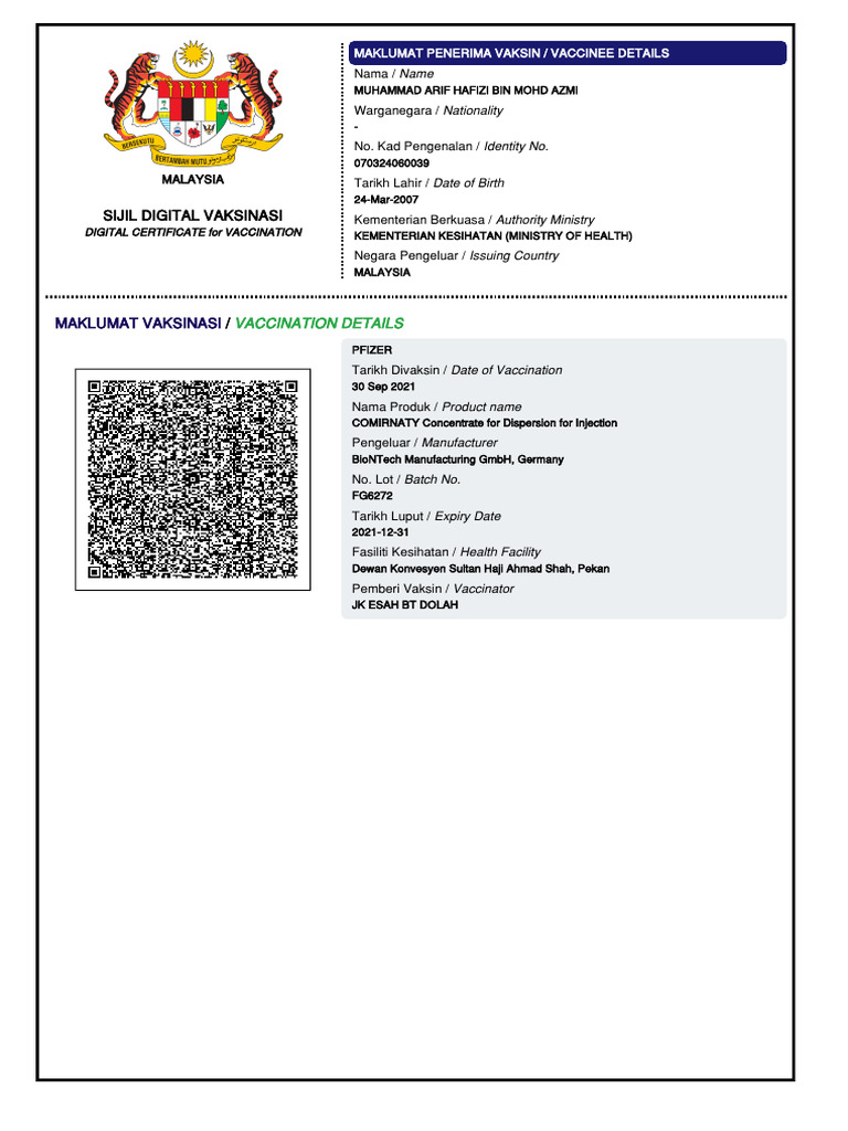 Malaysia COVID-19 Vaccine Certificate | PDF