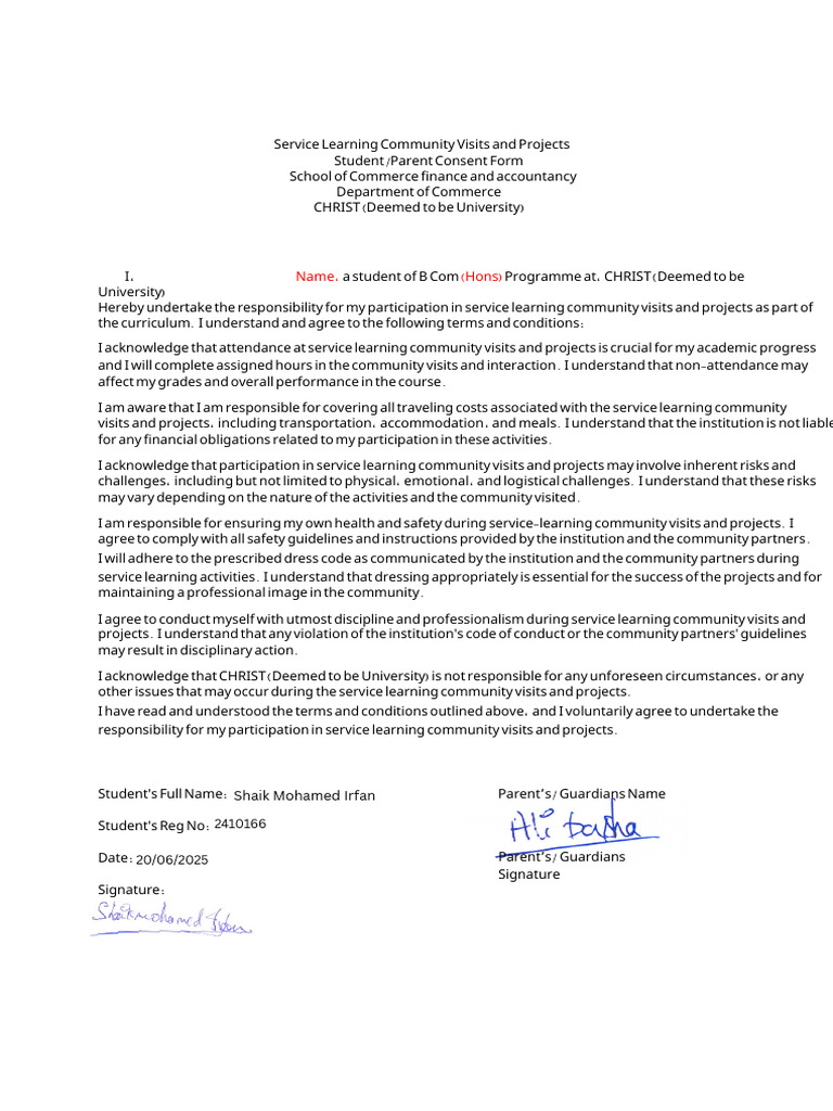 Parent's Guardians Signature 2410166 | PDF | Learning