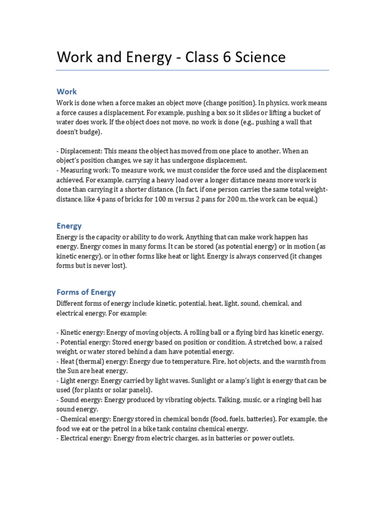 Work and Energy Concepts for Class 6 | PDF | Solar Energy | Renewable ...