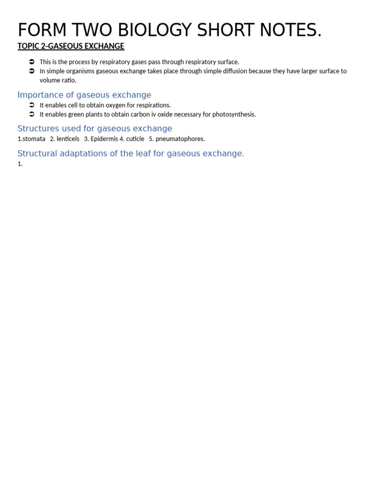 Gaseous Exchange in Biology: Key Notes | PDF