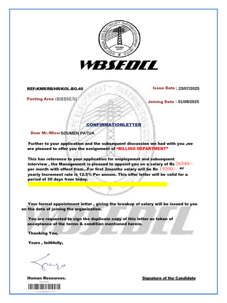 Confirmation Letter For (MR, Soumen Patua) | PDF