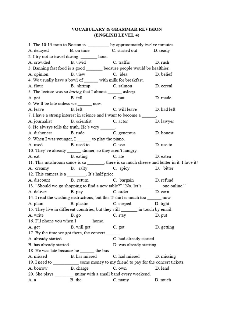 English Level 4 Vocabulary Quiz | PDF