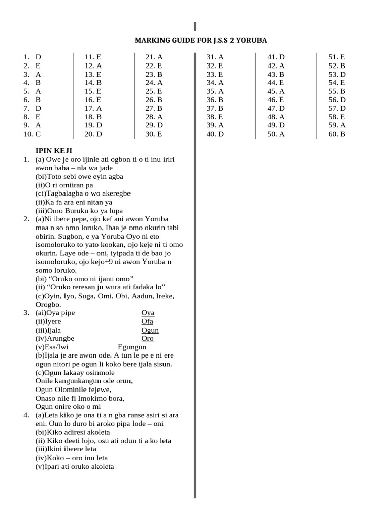 Yoruba Jss1-2 Marking Guide | PDF