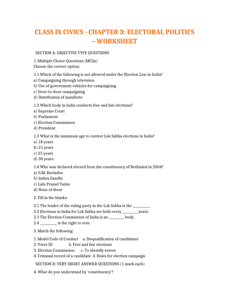 Electoral Politics Worksheet for Class 9 | PDF | Elections | Political ...