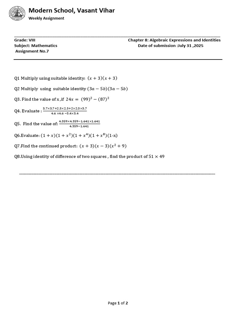 257202514511190mathematics Assignment For Grade VIII | PDF