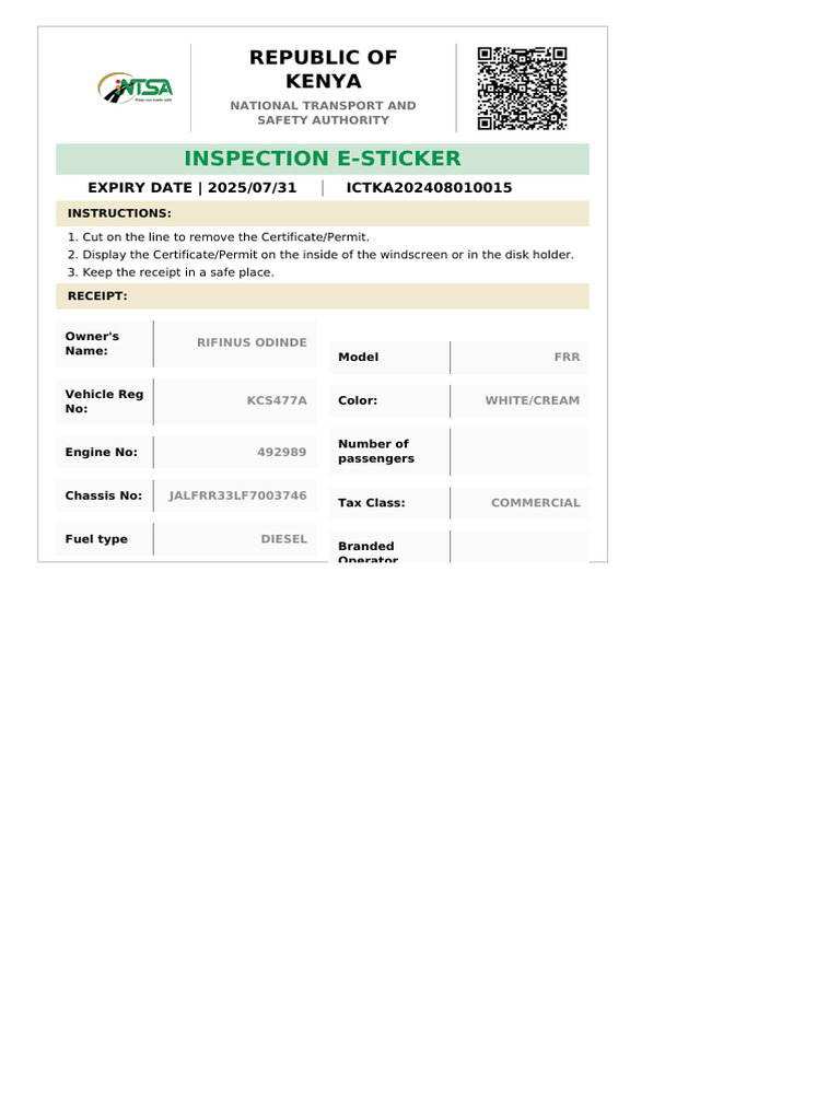 Kenya Vehicle Inspection E-Sticker Guide | PDF