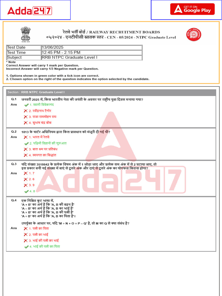 RRB NTPC GRADE I 13 06 2025 Shift II | PDF
