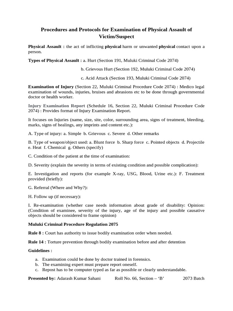 Physical Assault Examination Protocols | PDF