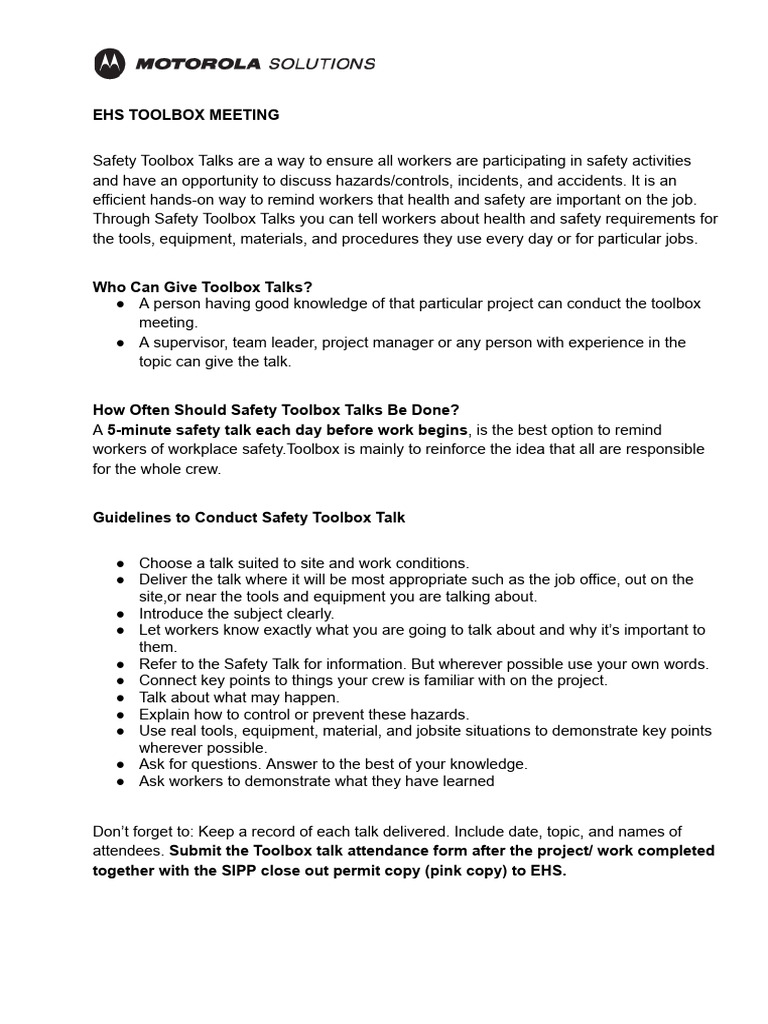 Toolbox Meeting Safety Guidelines | PDF | Occupational Safety And ...