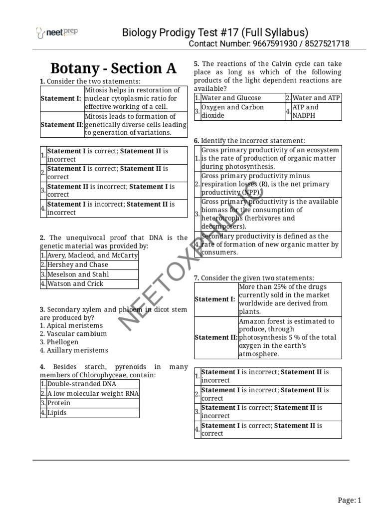 Biology Prodigy Test #17 (Full Syllabus) | PDF | Primary Production ...