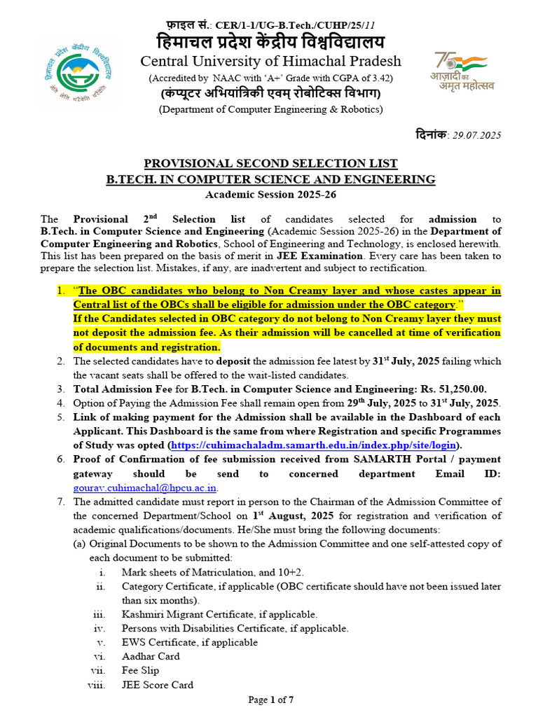 Central University of Himachal Pradesh: Provisional Second Selection List B.Tech. in Computer ...