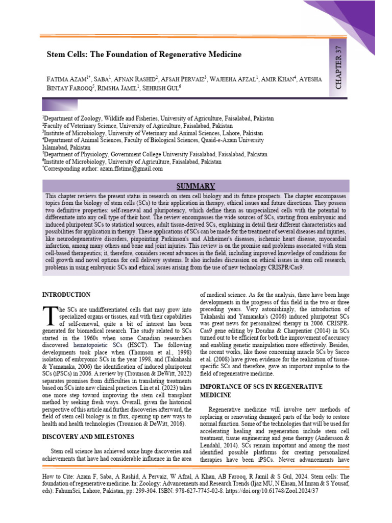 Zool 037 Stem Cells The Foundation of Regenerative Medicine | PDF | Cell Potency | Embryonic ...