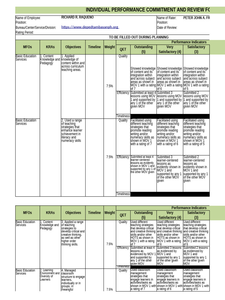 Standard IPCRF 2018 For Teachers Final Version (Fixed Cells To Fit 8.5 X 13) B | PDF ...
