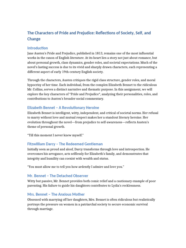 Characters of Pride and Prejudice Assignment | PDF | Pride And ...
