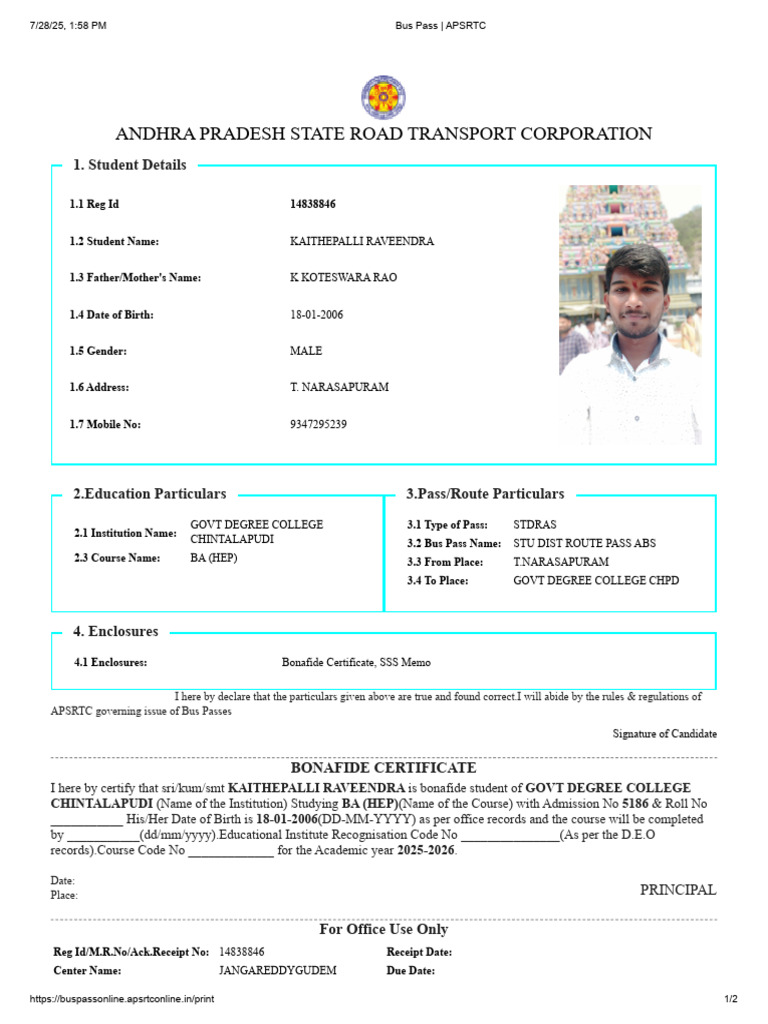 Bus Pass - APSRTC RVD | PDF