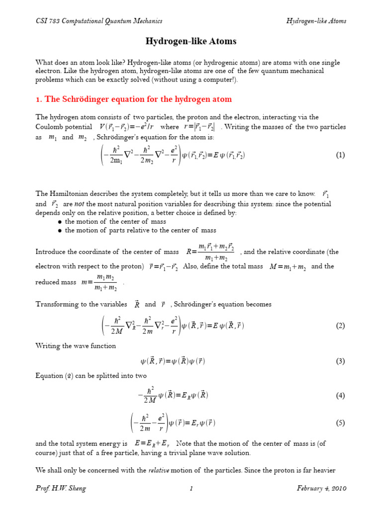 Quantum Mechanics of Hydrogen-like Atoms | PDF | Atomic Orbital ...
