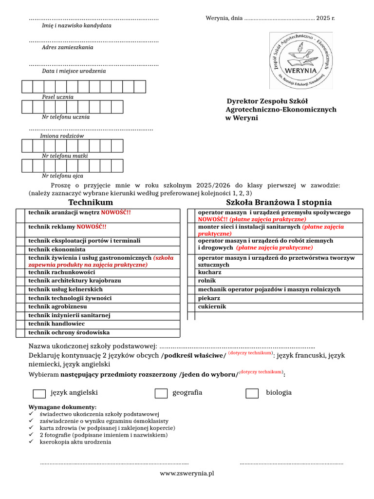 Nowy Wniosek-O-Przyjecie-Do Szkoly 2024 2025 13.02.2024 | PDF