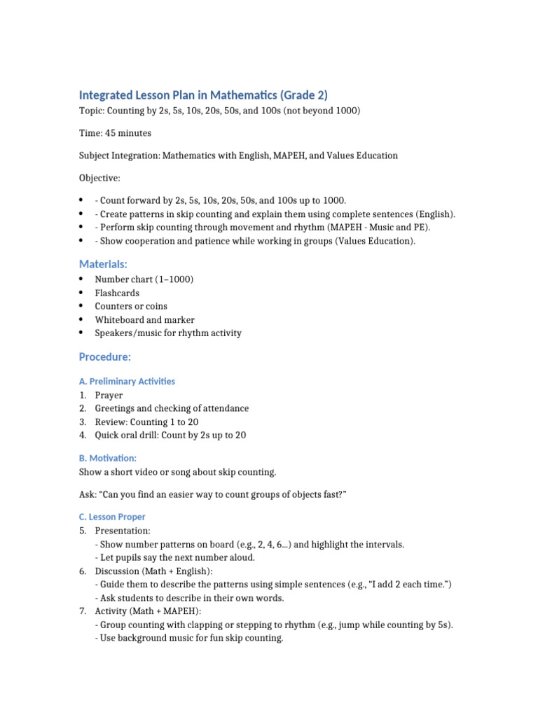 Grade 2 Skip Counting Lesson Plan | PDF