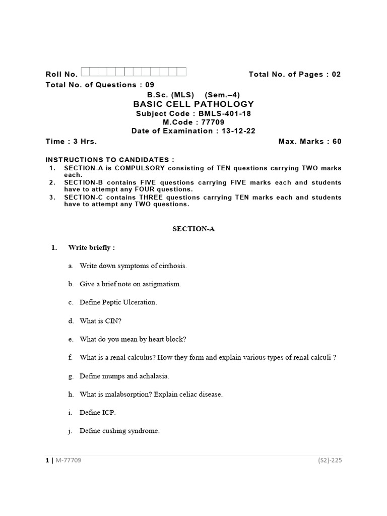 BSC 4 Sem Mls Basic Cell Pathology 2022 | PDF | Kidney | Medical Specialties