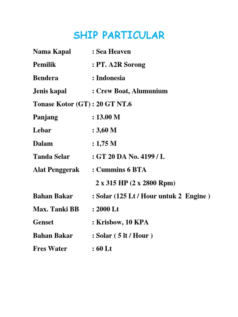 Ship Particulars of Sea Heaven | PDF | Nature
