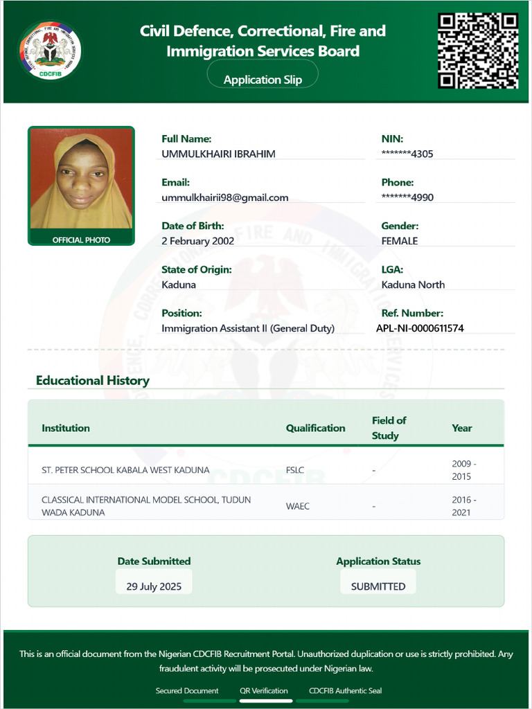 Ummulkhairi Ibrahim Application Slip 071226 | PDF