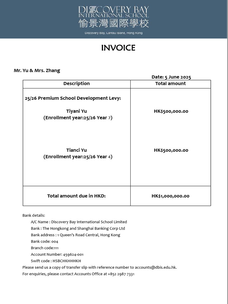2526 SSDL Premium Levy Invoice - YU Tiyani & Tianci | PDF
