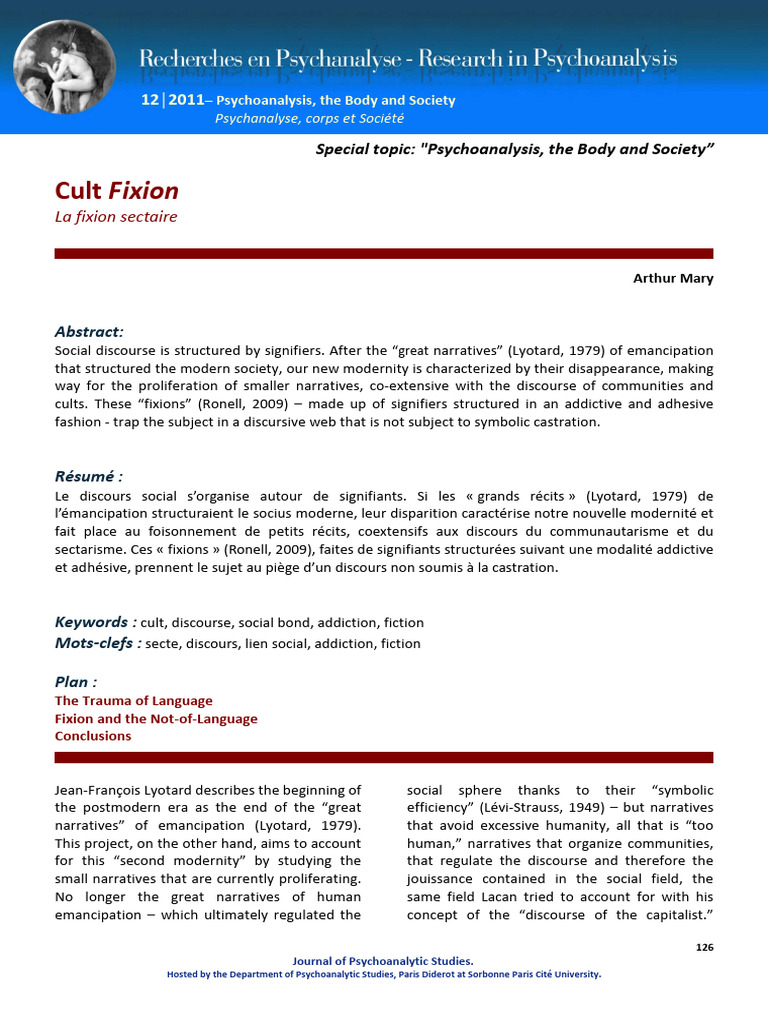 Cult Fixion | PDF | Jacques Lacan | Psychoanalysis