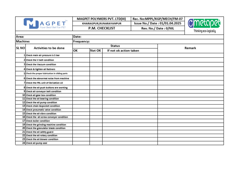 PM Checklist for Magpet Polymers | PDF