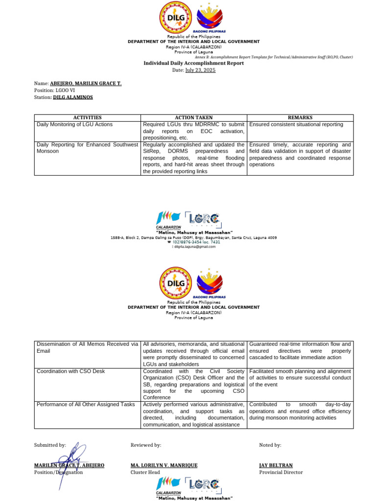 Daily Accomplishment Report Format | PDF | Communication