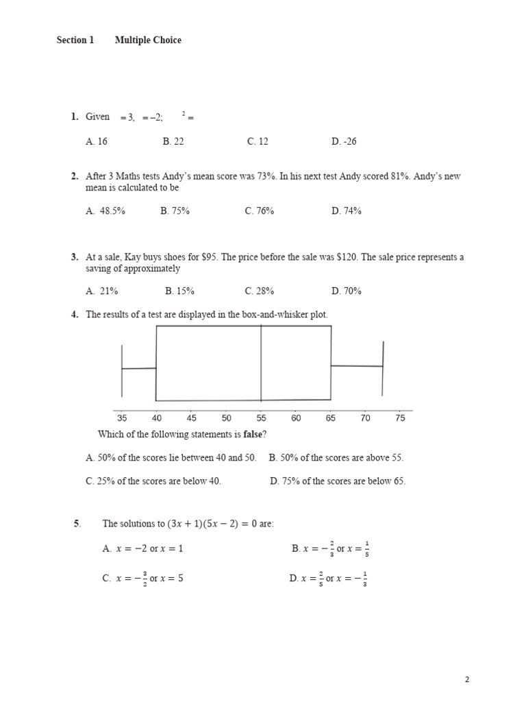 Maths Exam Multiple Choice Questions | PDF | Equations | Mathematics