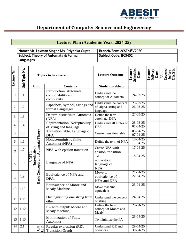 Cse Bcs402 Tafl Lecture Plan 2csc | PDF | Automata Theory | Theoretical Computer Science