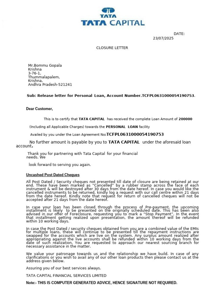 Noc Tata Capital Bommu Krishna | PDF | Cheque