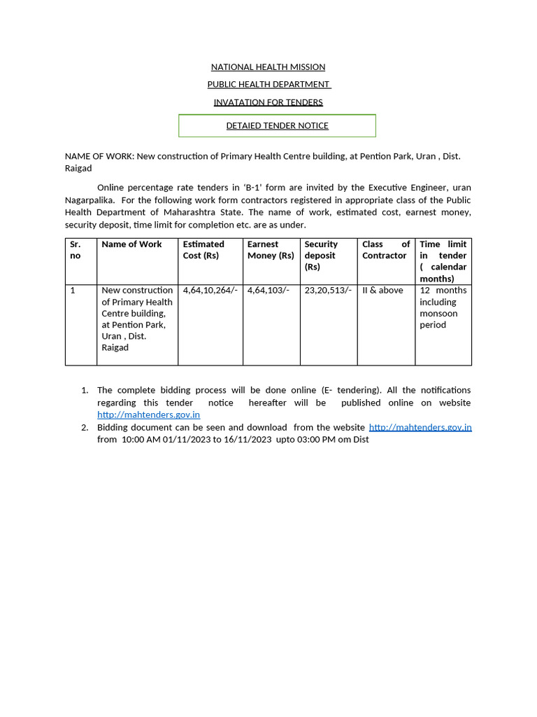 Tender for Primary Health Centre in Uran | PDF