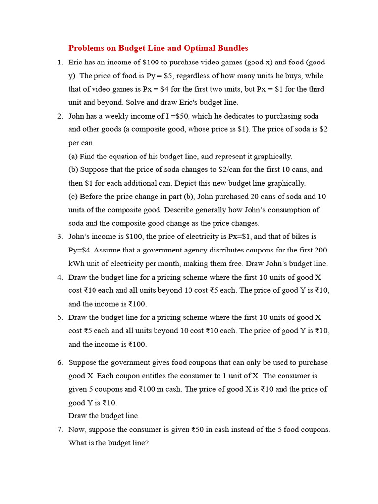 Problems On Budget Line and Optimal Bundles | PDF | Utility ...