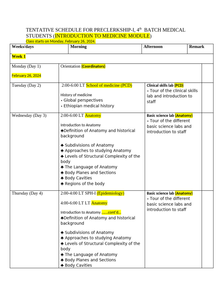 Semister Tentative Schedule For Introduction To Medicine Module | PDF | Pharmacology | Skeleton