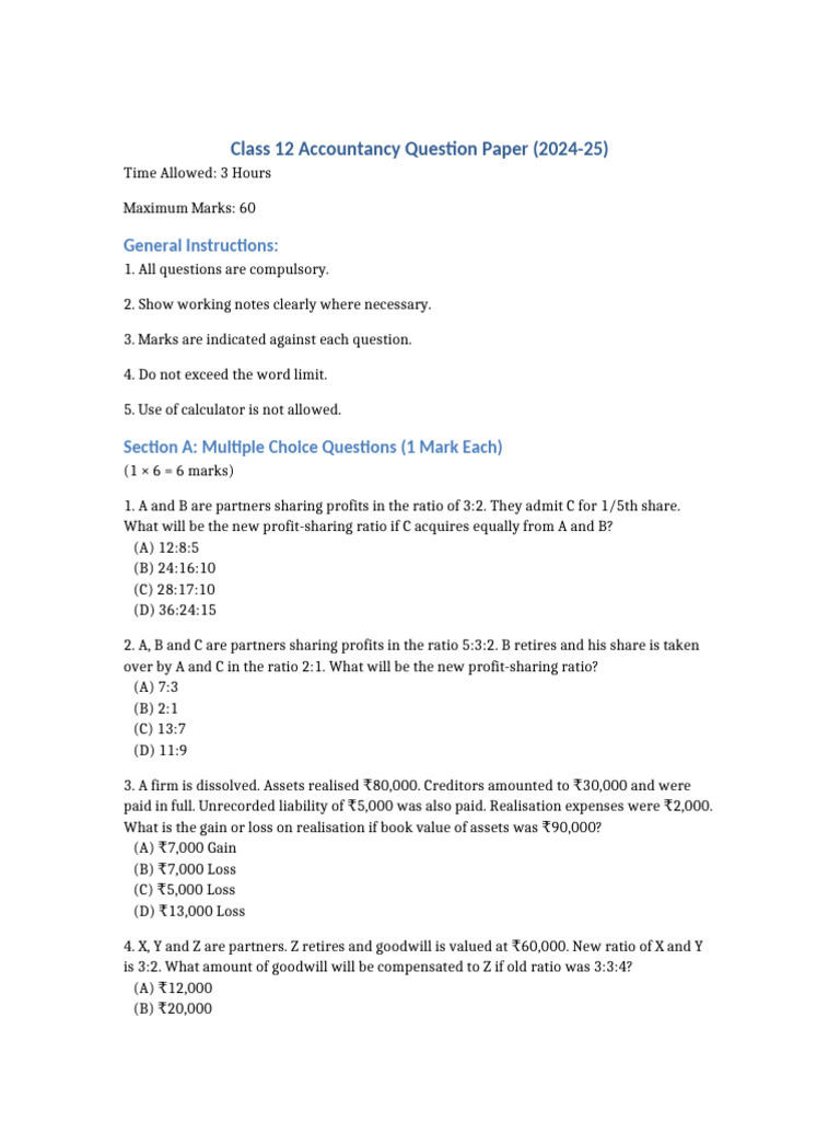 Class 12 Accountancy Mid Term Paper 2024-25 | PDF | Debits And Credits ...