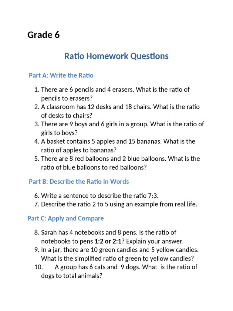 Grade 6 Ratio Homework Questions | PDF
