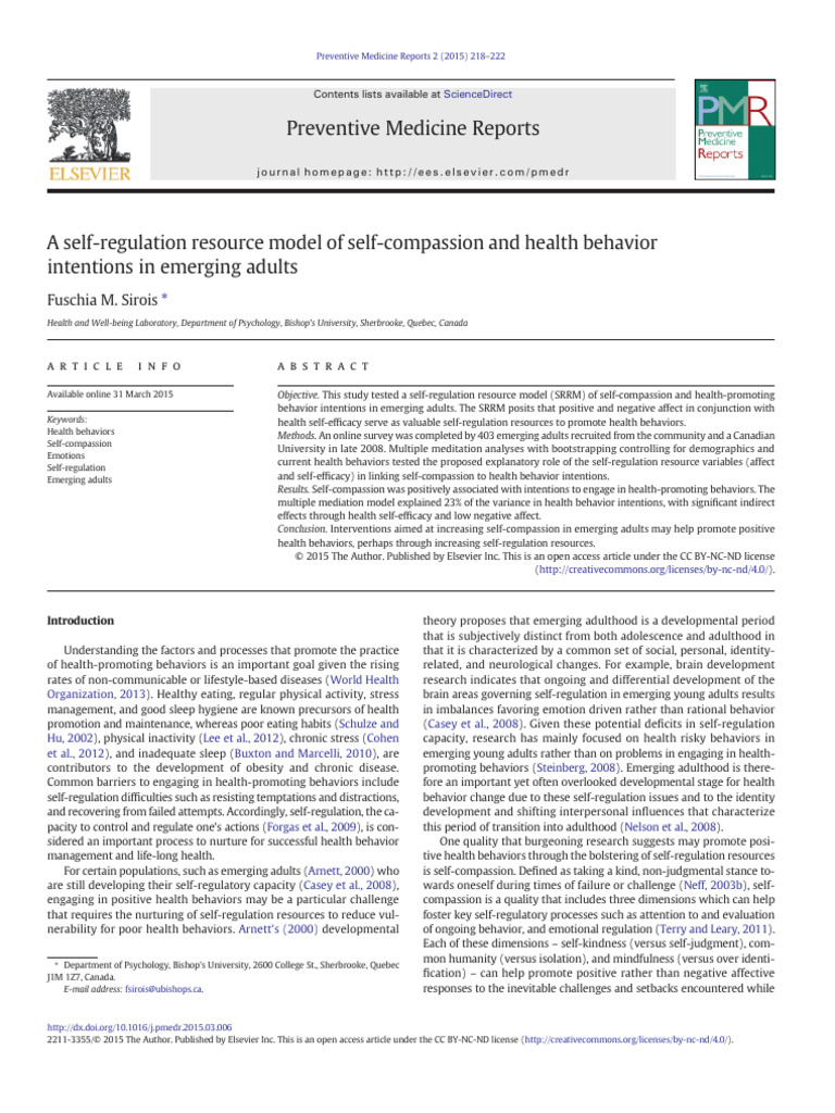 A Self-Regulation Resource Model of Self-Compassion and Health Behavior ...