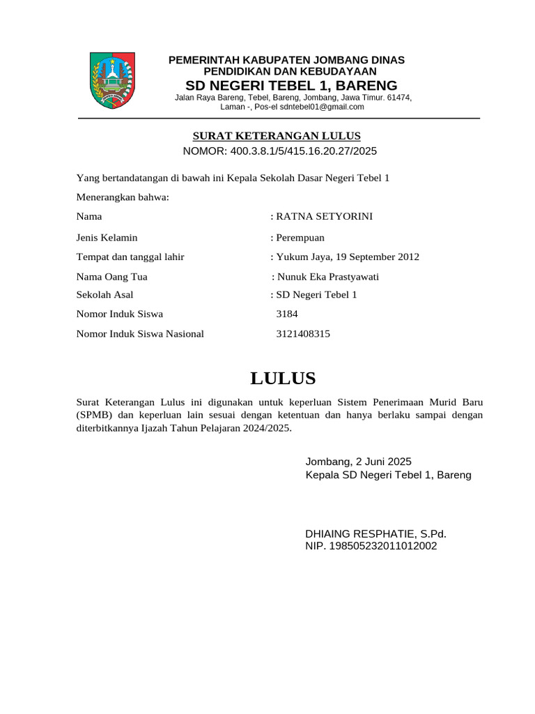 Surat Keterangan Lulus SD 2025 | PDF