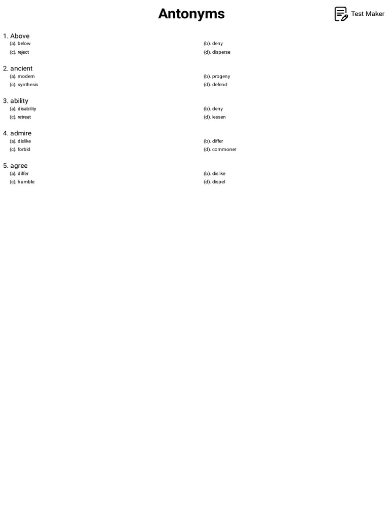 Antonyms TestMaker | PDF