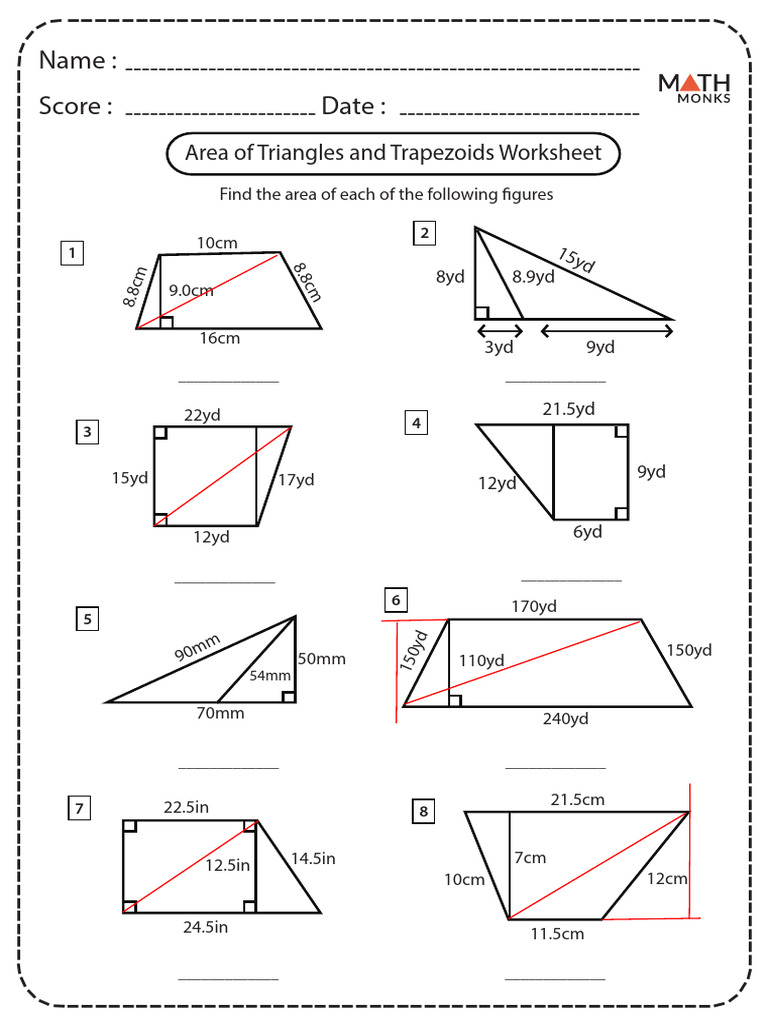 Area of Triangles and Trapezoids Worksheets | PDF