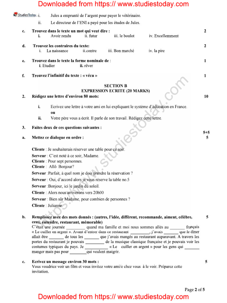 CBSE Class 10 French Question Paper SampleE - SectionB | PDF