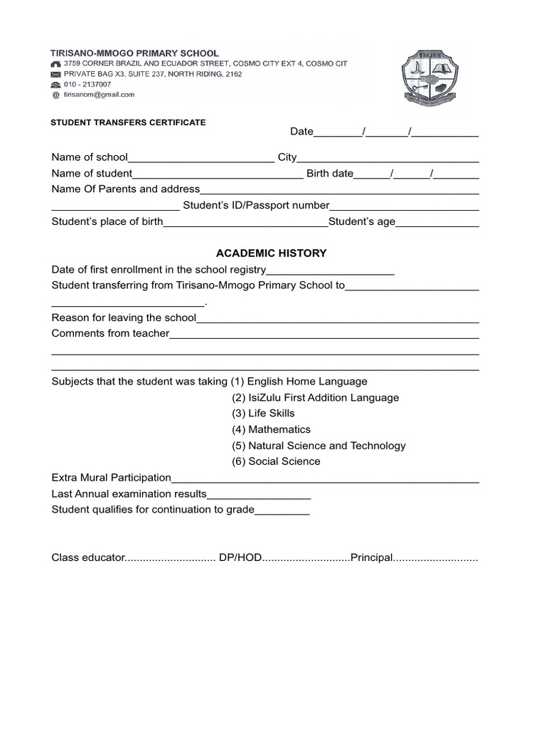 Student Transfer Certificate Template | PDF