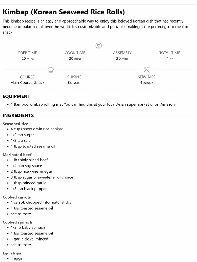 Easy Kimbap Recipe and Ingredients | PDF