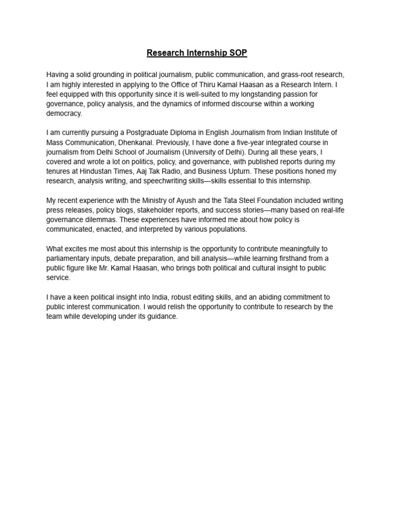 Kamal Haasan Research Internship SOP | PDF