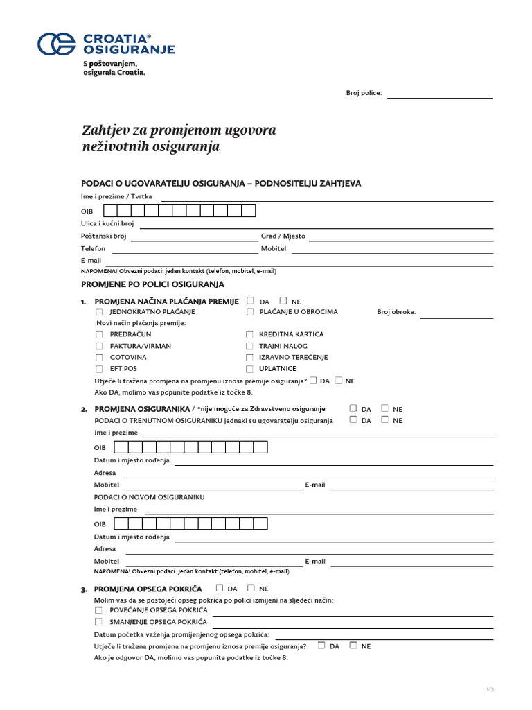 Zahtjev Za Promjenom Ugovora Nezivotnih Osiguranja | PDF