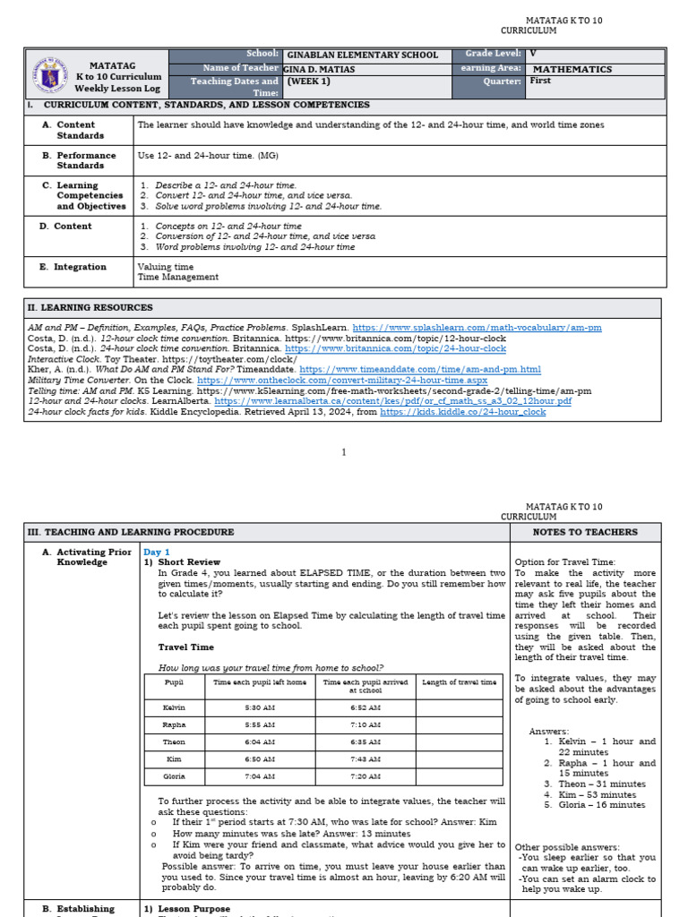 Grade 5 Time Concepts and Activities | PDF | Curriculum | Learning